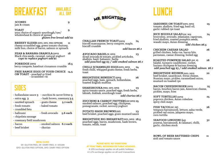 Mr Brightside Menu